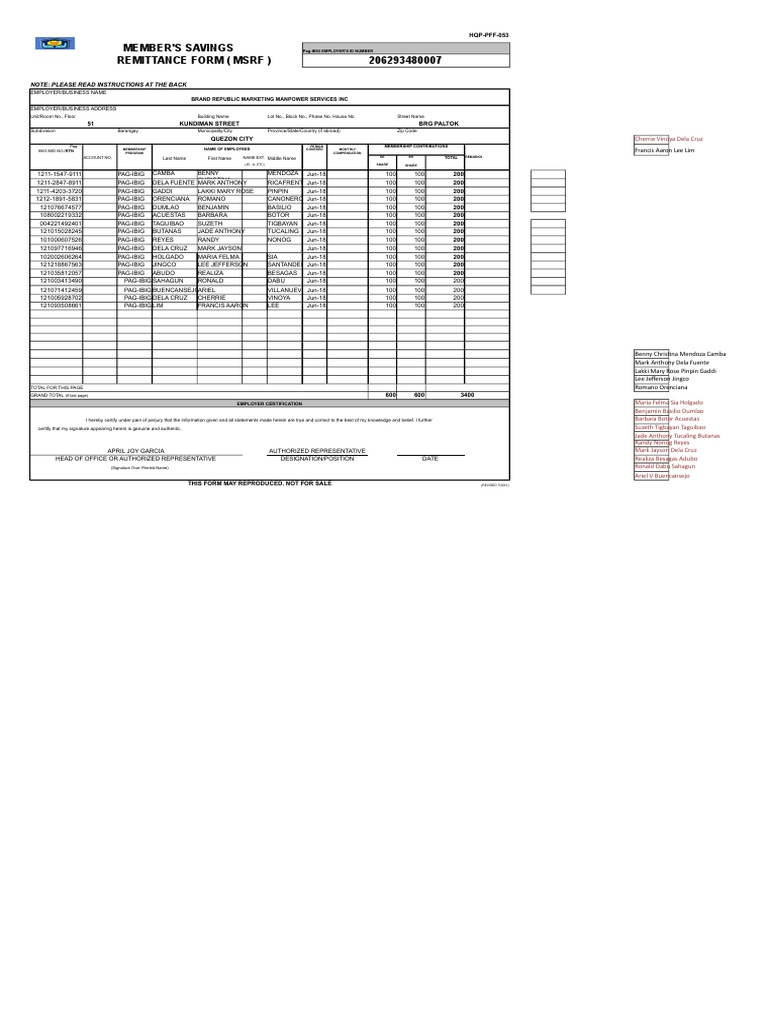 Pag-IBIG Employer Remittance Form | PDF | Nature
