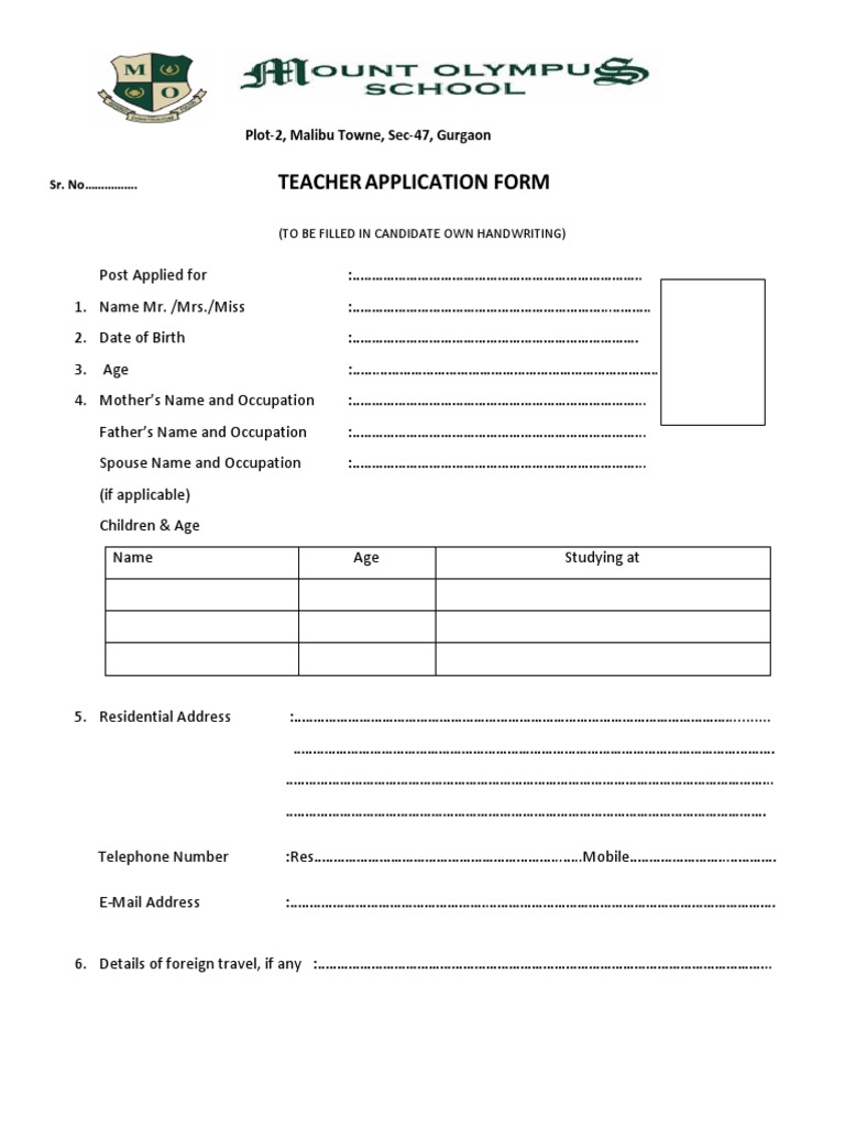 Teacher Application Form | PDF | Behavior Modification