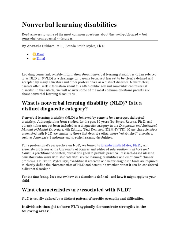 Nonverbal Learning Disabilities FAQ | PDF | Learning Disability ...