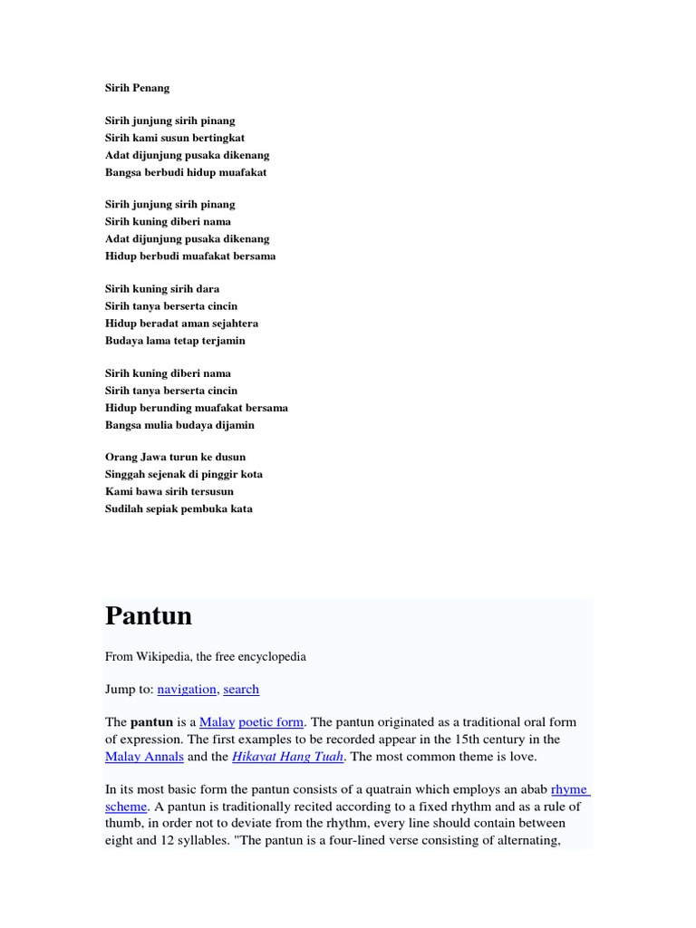 Sirih Penang: Traditional Malay Pantun Poetry (35 characters | PDF ...