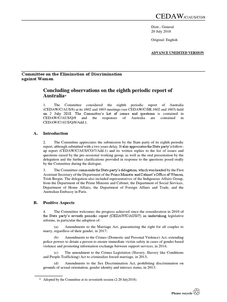 Australia CEDAW Report Insights | PDF | Human Trafficking | Discrimination