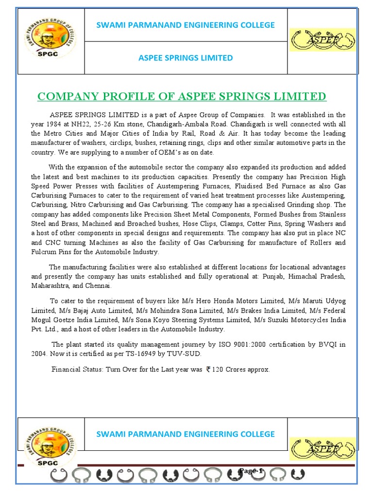 Company Profile of Aspee Springs Limited: Swami Parmanand Engineering ...