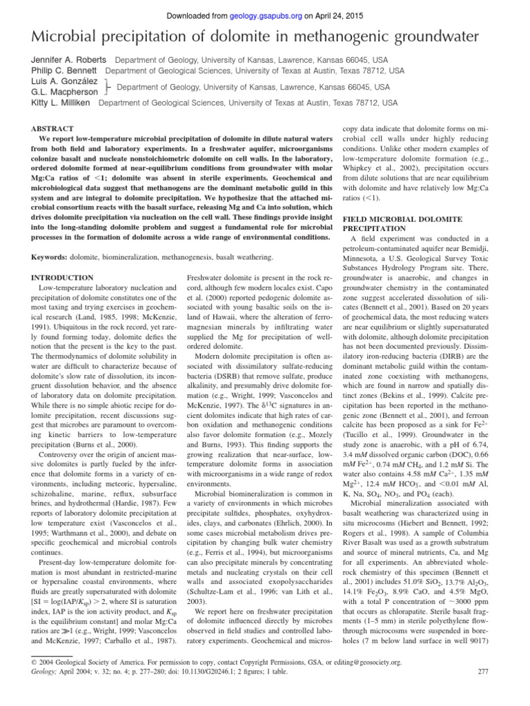 Microbial Precipitation of Dolomite in Methanogenic Groundwater ...