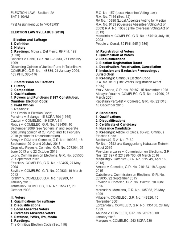 Election Law Syllabus | PDF | Commission On Elections (Philippines ...
