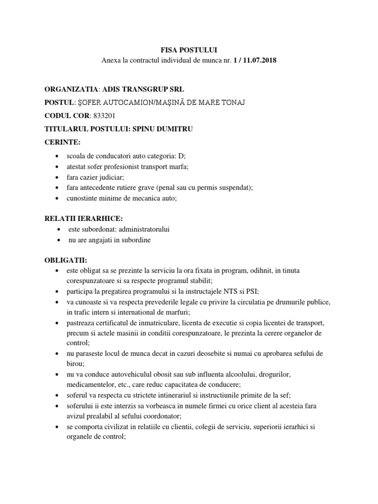 Fisa Postului Sofer Autocamion Masina de Mare Tonaj | PDF