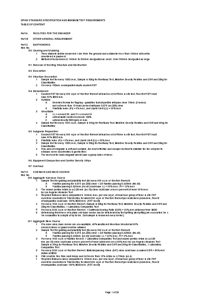 Summary of DPWH Standard Specs and Min Test Requirment.xls | Asphalt ...