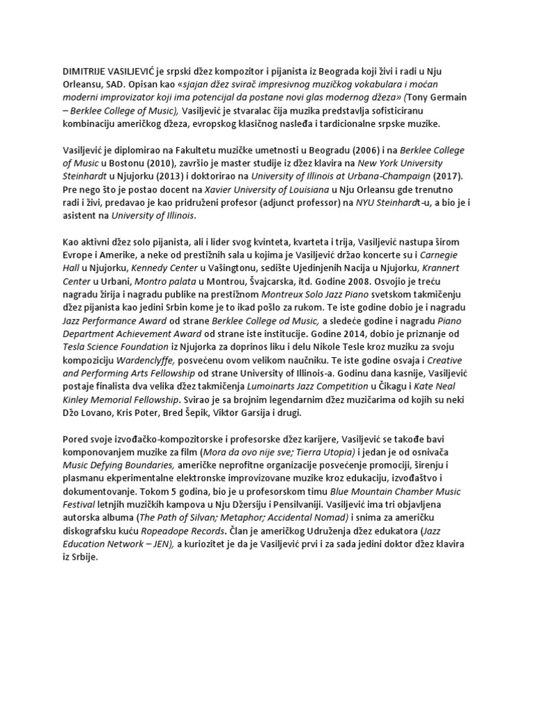 Kratka Biografija Na Srpskom | PDF