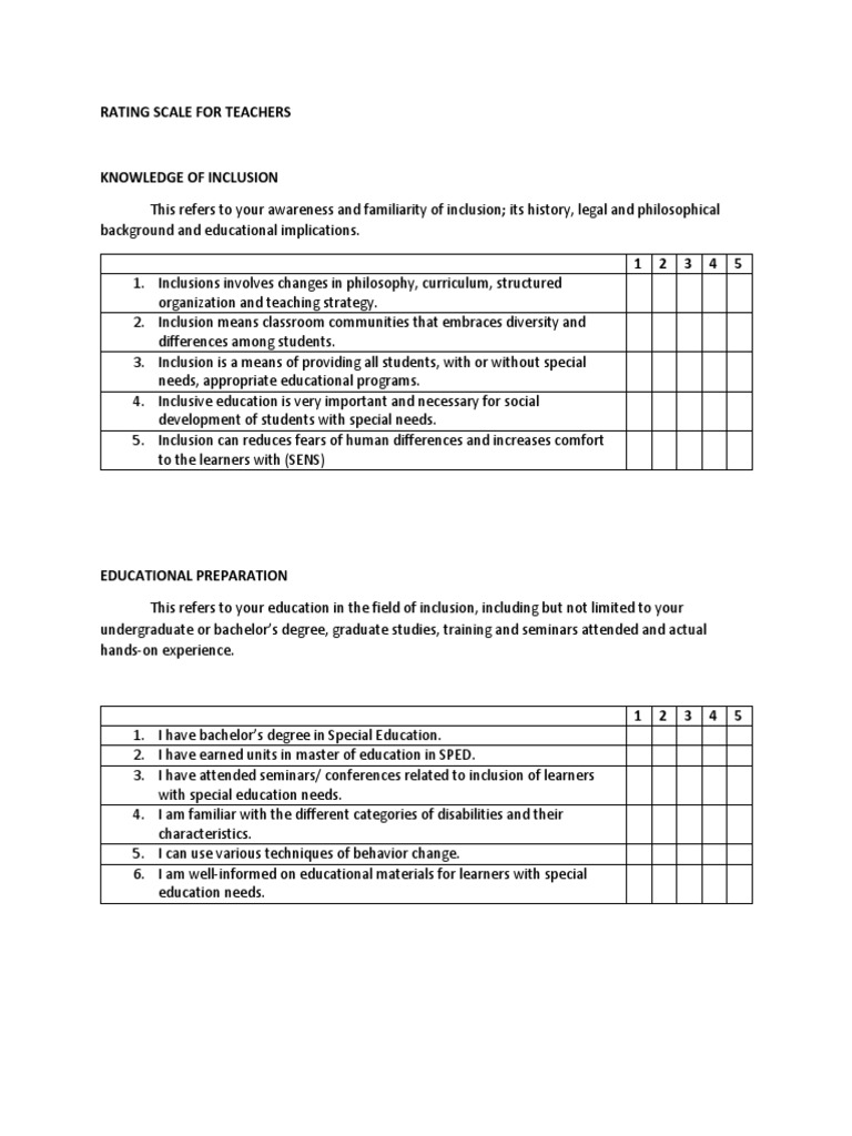 Rating Scale For Teachers | PDF | Inclusion (Education) | Special Education