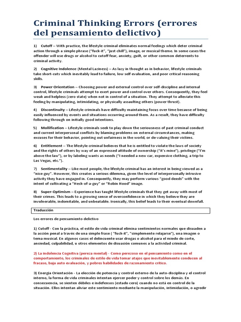 Cognición. Criminal Thinking Errors | PDF | Psychological Concepts | Emergence