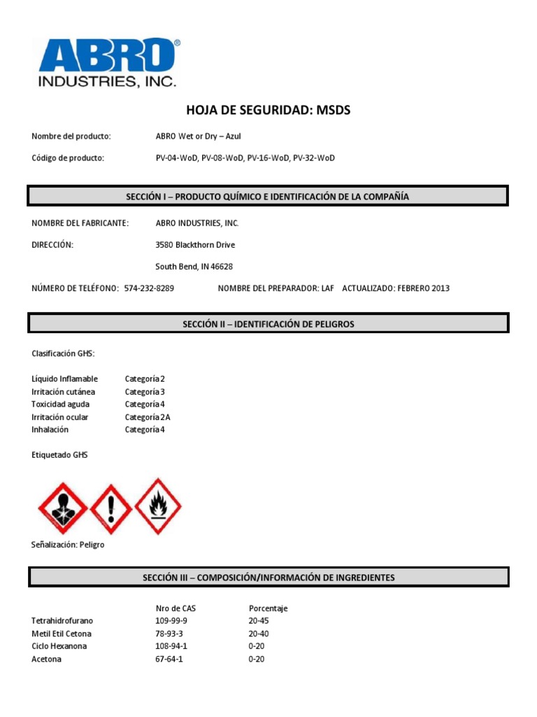 MSDS pintura spray | Agua | Información
