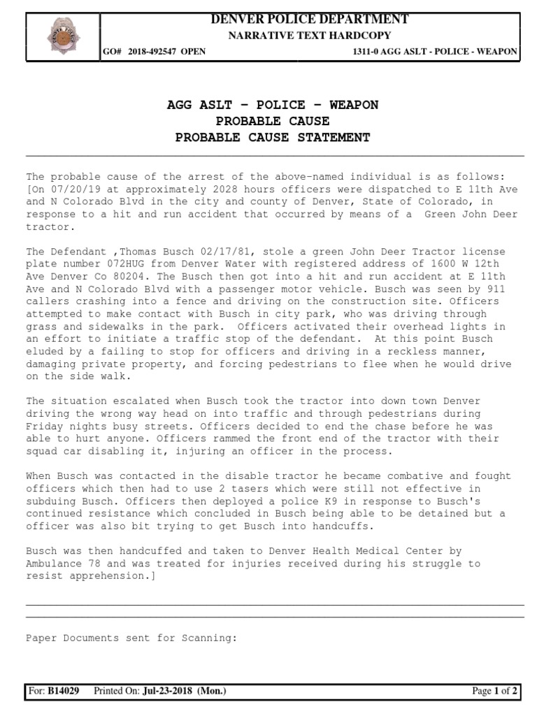 Thomas Busch Probable Cause Statement | Denver | Police | Free 30-day ...