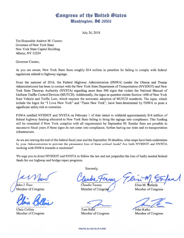 Congressional Letter To Gov. Cuomo On Highway Signs | PDF