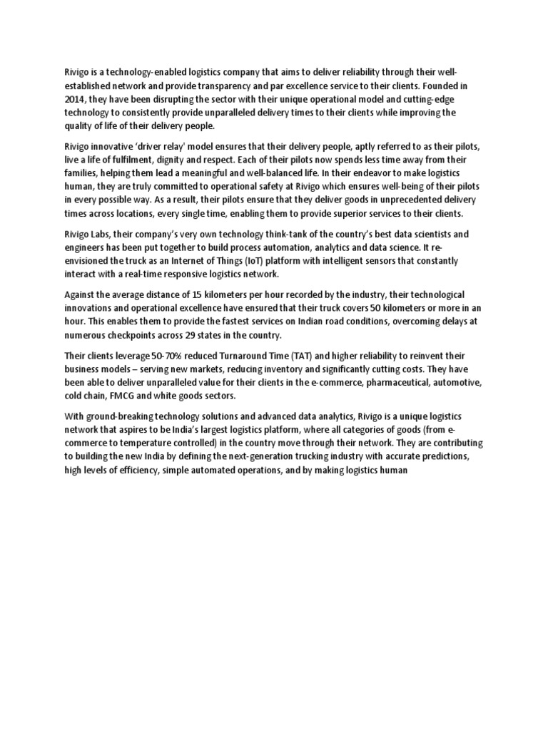 Executive Summary Rivigo | PDF | Logistics | Automation