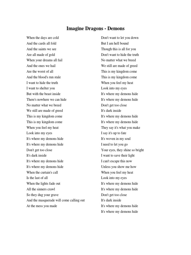Demons by Imagine Dragons Lyrics | PDF | Leisure | Entertainment (General)