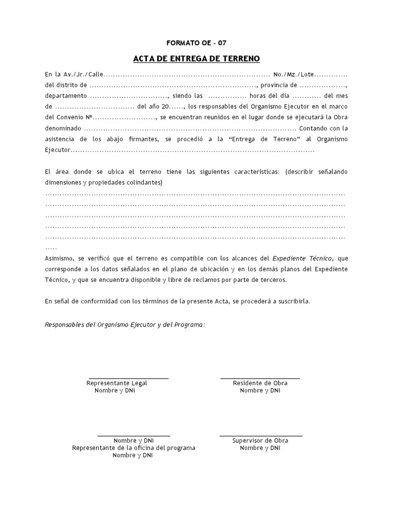 Formato - OE-07 Acta Entrega de Terreno | PDF | Business