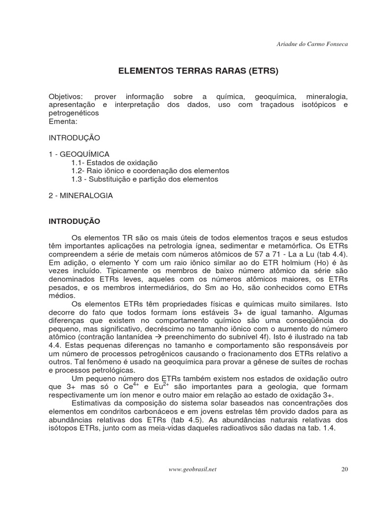 Geoquimica Dos Elementos Terras Raras | PDF | Sedimento | Minerais