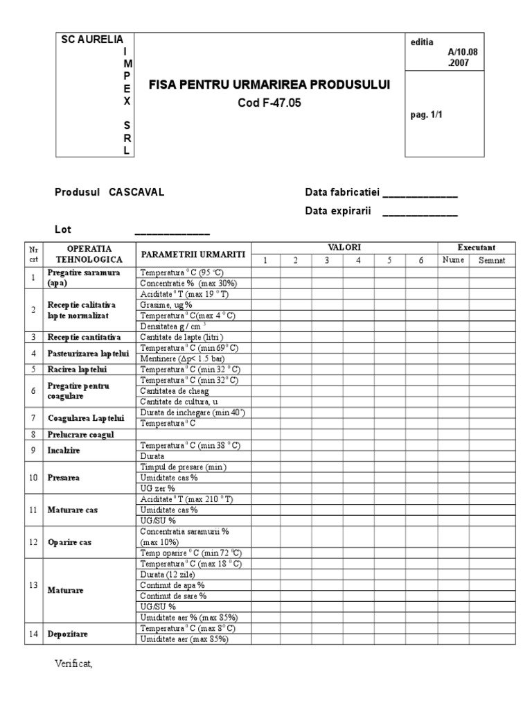 Fisa Urmarire Cascaval F-47.05 | PDF
