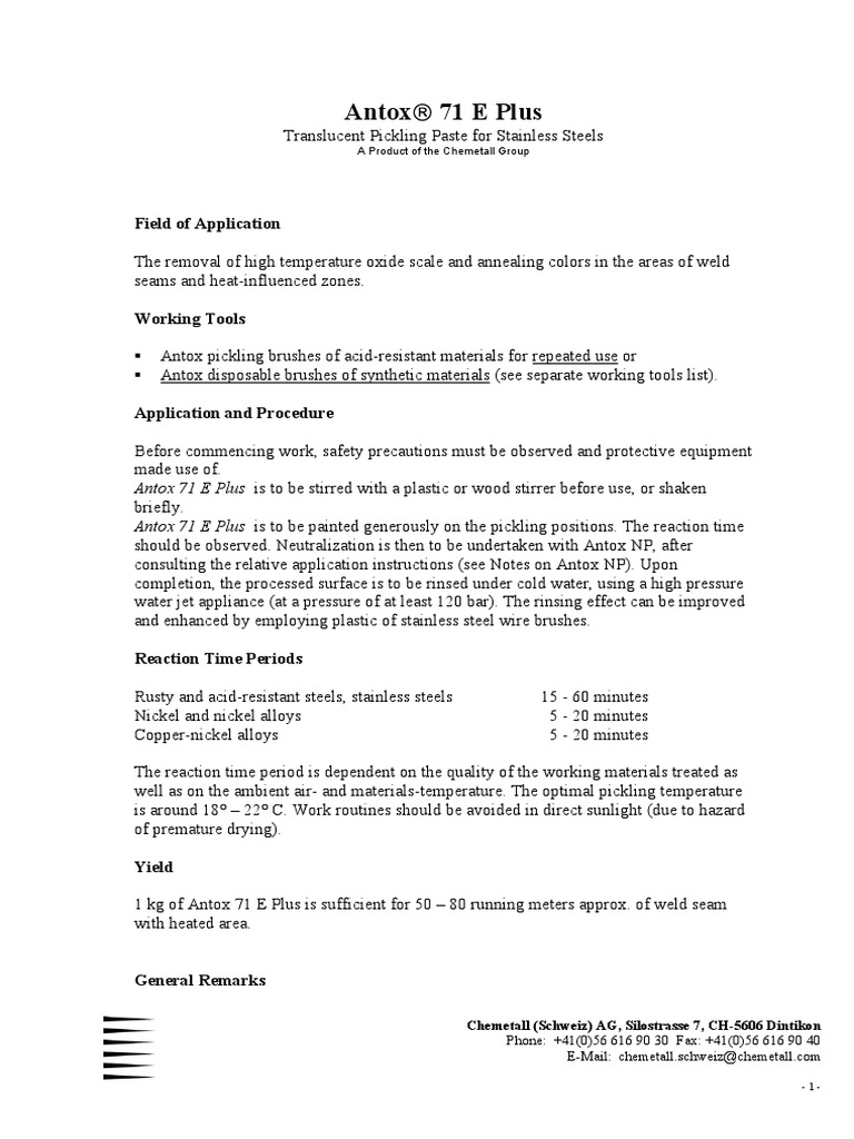 Antox 71 E Pickling Paste PDF | PDF | Stainless Steel | Steel
