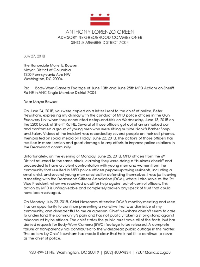 Letter From ANC Commissioner Lorenzo Green To DC Mayor Bowser | PDF ...