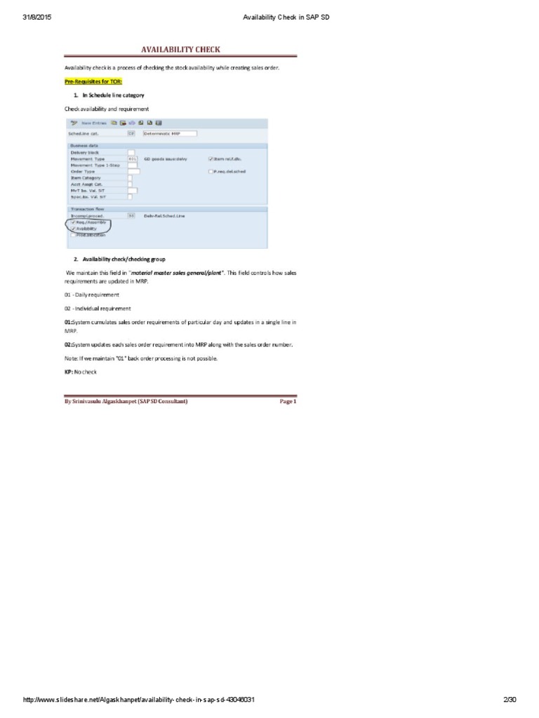 Availability Check in SAP SD PDF | PDF | Business