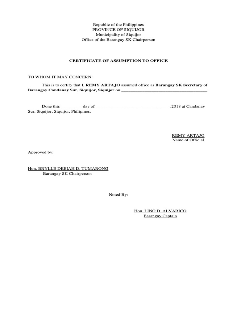 Certificate of Assumption SK Sectreasurer | PDF