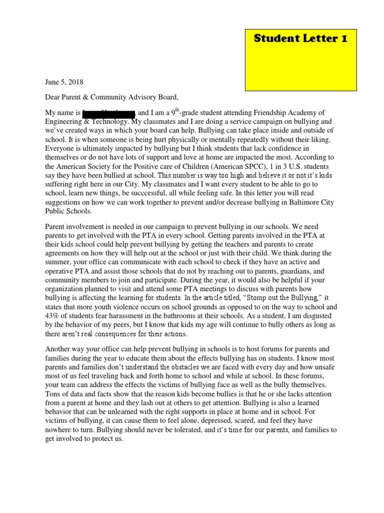 Student Letter 1 | PDF | Bullying | Cyberbullying