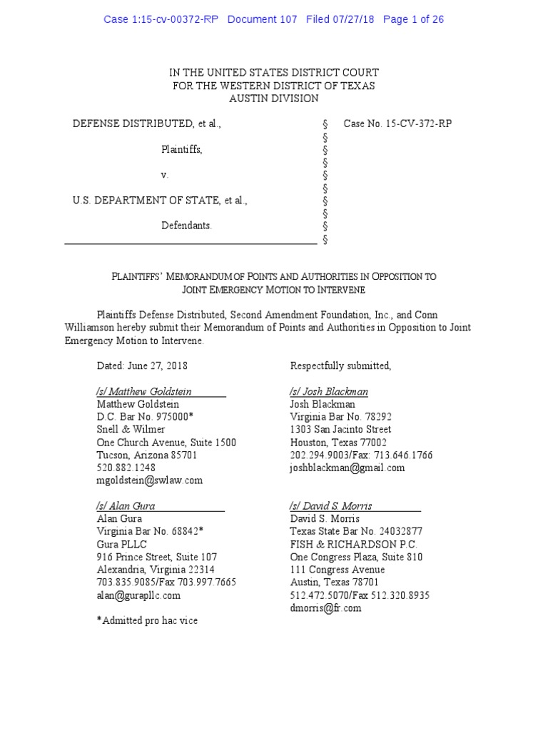 Motion in Opposition to Motion to Intervene (7/27/18) | Standing (Law ...
