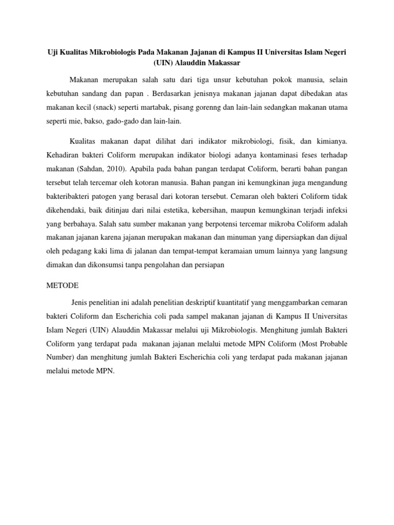 Uji Kualitas Mikrobiologis Pada Makanan Jajanan Di Kampus II ...