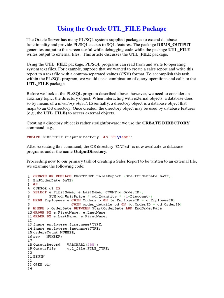Using The Oracle UTL - FILE Package | PDF | Pl/Sql | Oracle Database Using The Oracle UTL - FILE Package | PDF | Pl/Sql | Oracle Database