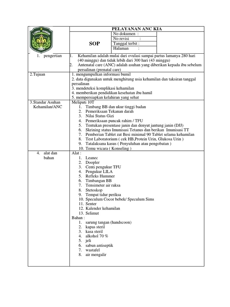 Sop Pelayanan Anc Kia | PDF | Kesehatan Holistik