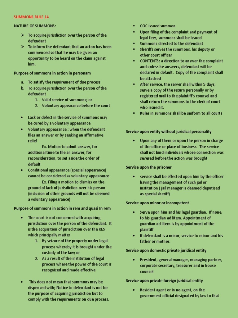 Purpose of Summons in Action in Rem and Quasi in Rem | PDF | Summons ...