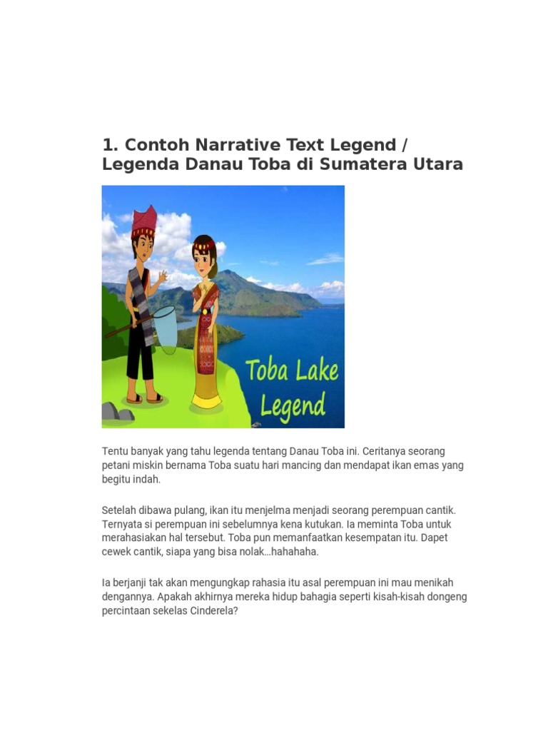 Contoh Narrative Text Legend / Legenda Danau Toba Di Sumatera Utara | PDF