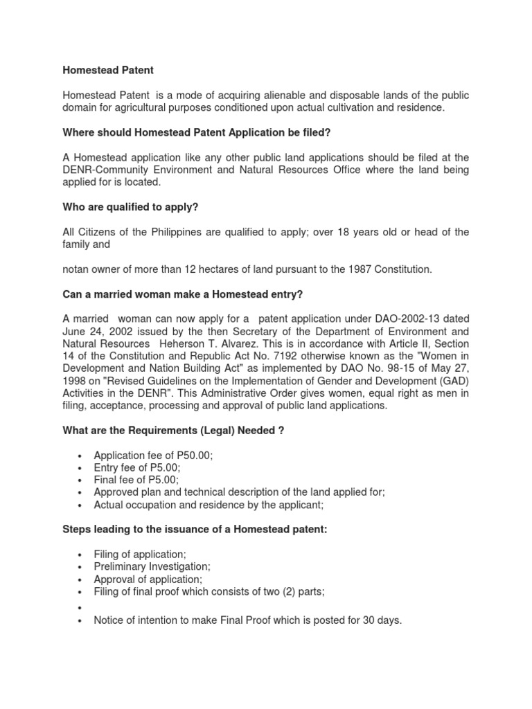 Homestead Patent | PDF | Patent Application | Patent