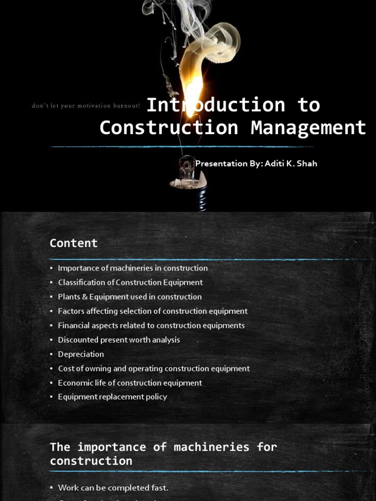 Introduction To Construction Management: Presentation By: Aditi K. Shah | PDF | Heavy Equipment ...