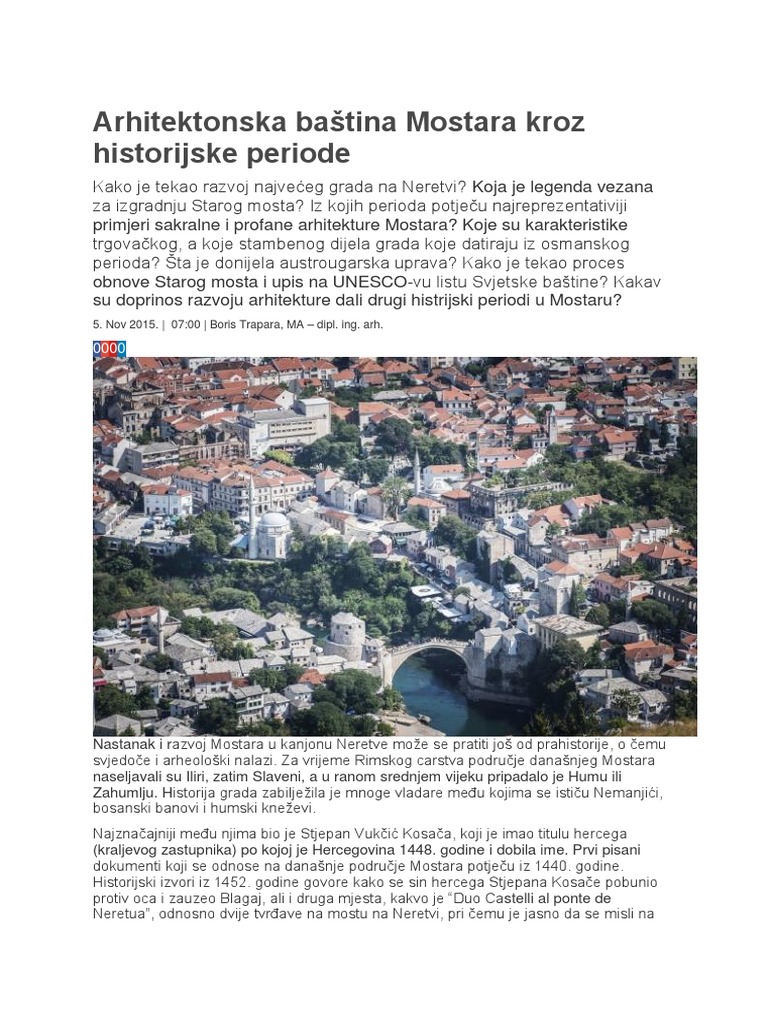 Arhitektonska Baština Mostara Kroz Historijske Periode | PDF