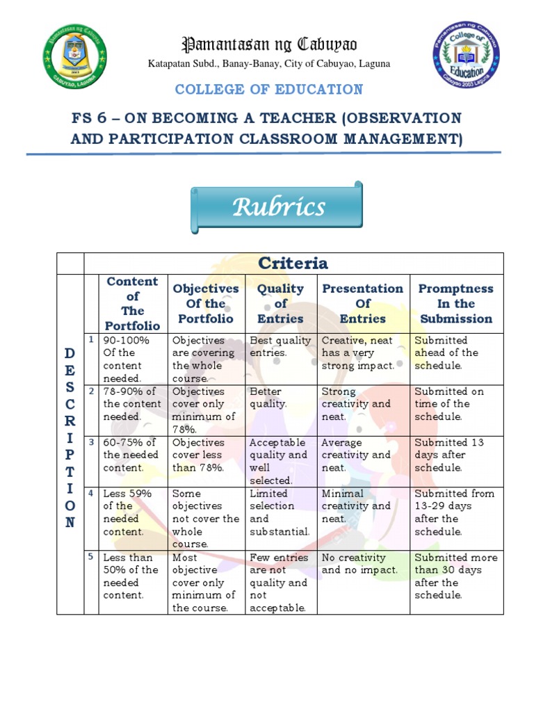 Rubrics: Pamantasan NG Cabuyao | PDF | Learning | Behavior Modification