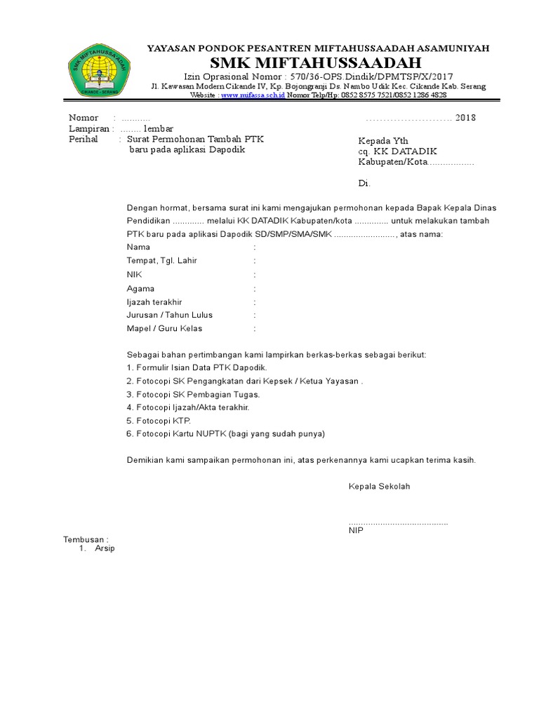 Format Surat Penambahan PTK Baru Di Dapodik | PDF
