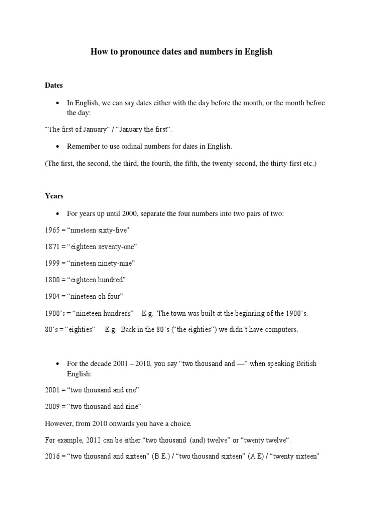 Pronouncing Dates and Numbers in English | PDF