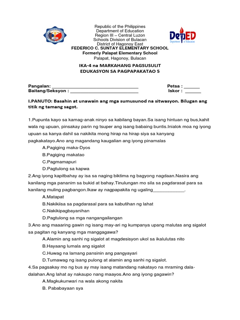 4th Periodical Test - Esp With Tos | PDF