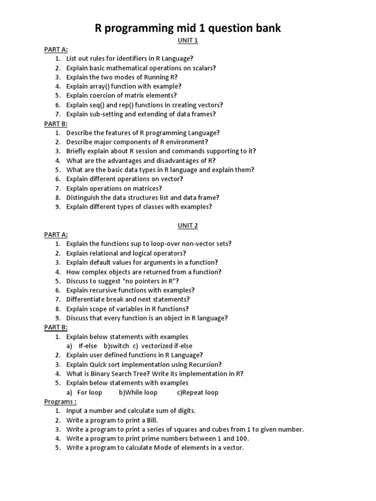 R Programming II 1 Mid Questionbank | Download Free PDF | R (Programming Language) | Matrix ...