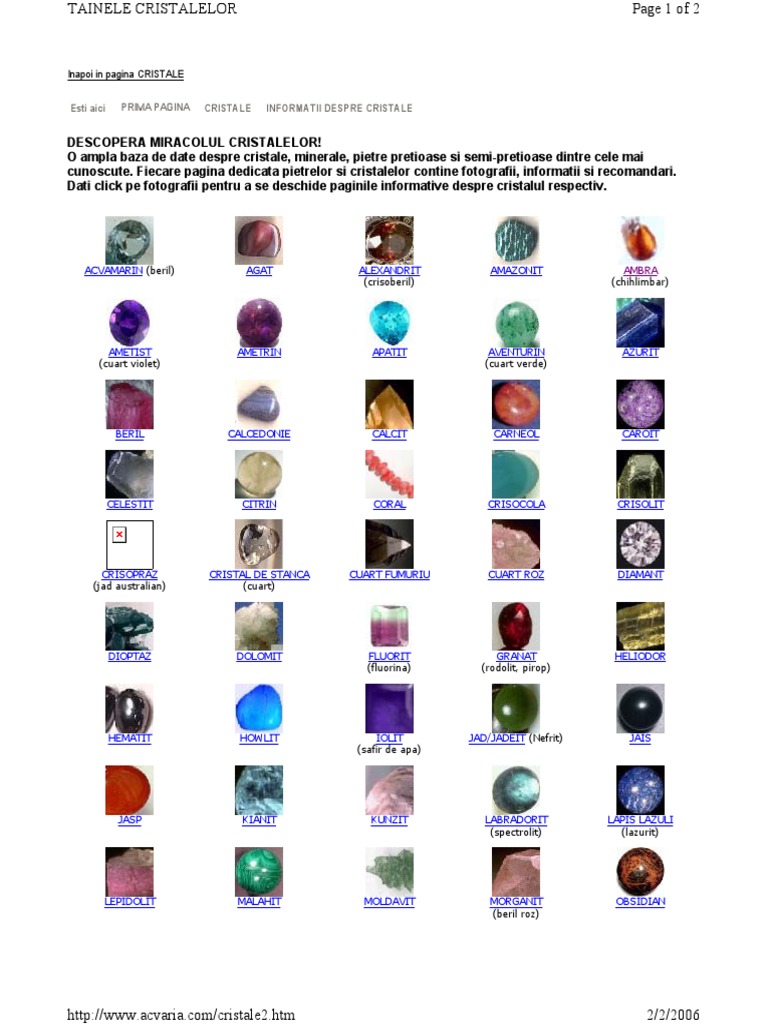 Esti Aici Prima Pagina Cristale Informatii Despre Cristale | PDF