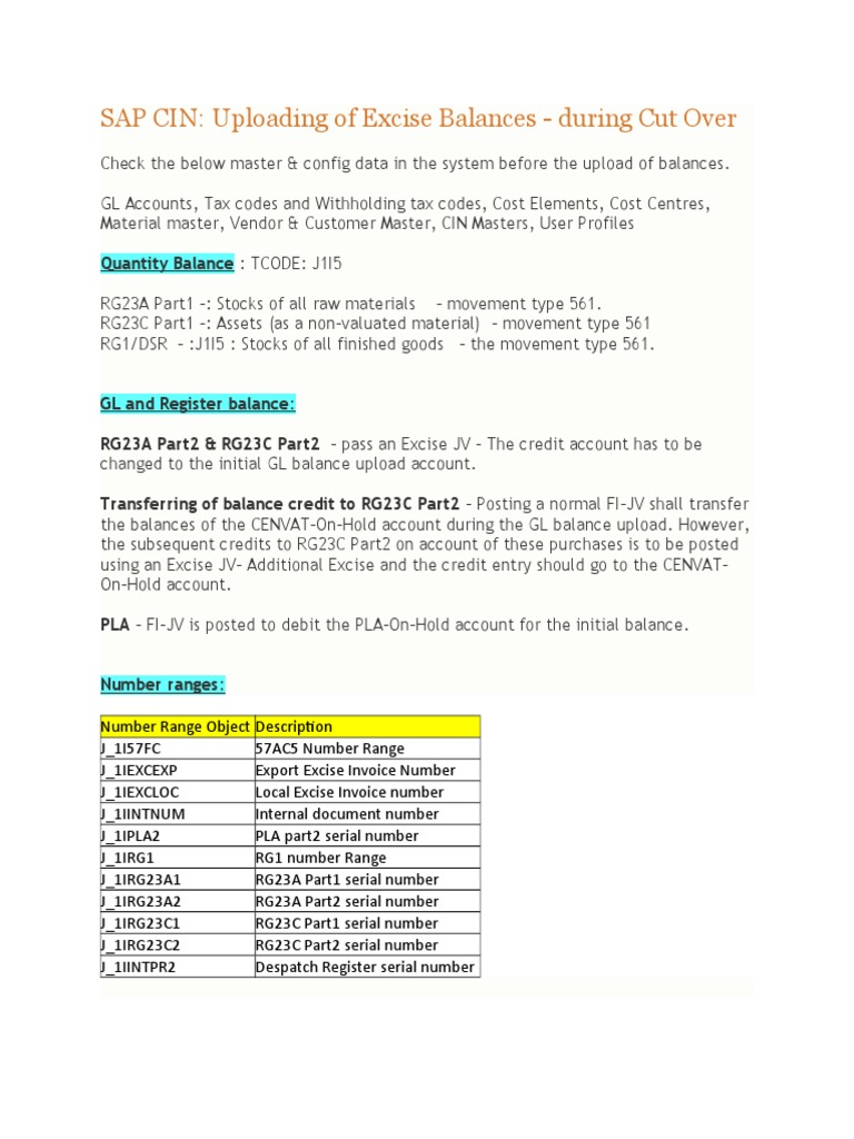 SAP CIN Excise Balance Upload Guide | PDF
