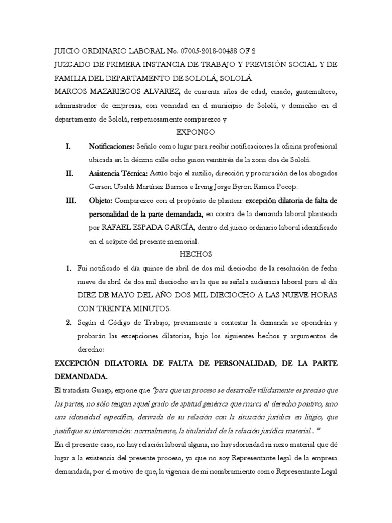 Excepción Dilatoria de Falta de Personalidad | PDF | Ley procesal | Demanda judicial