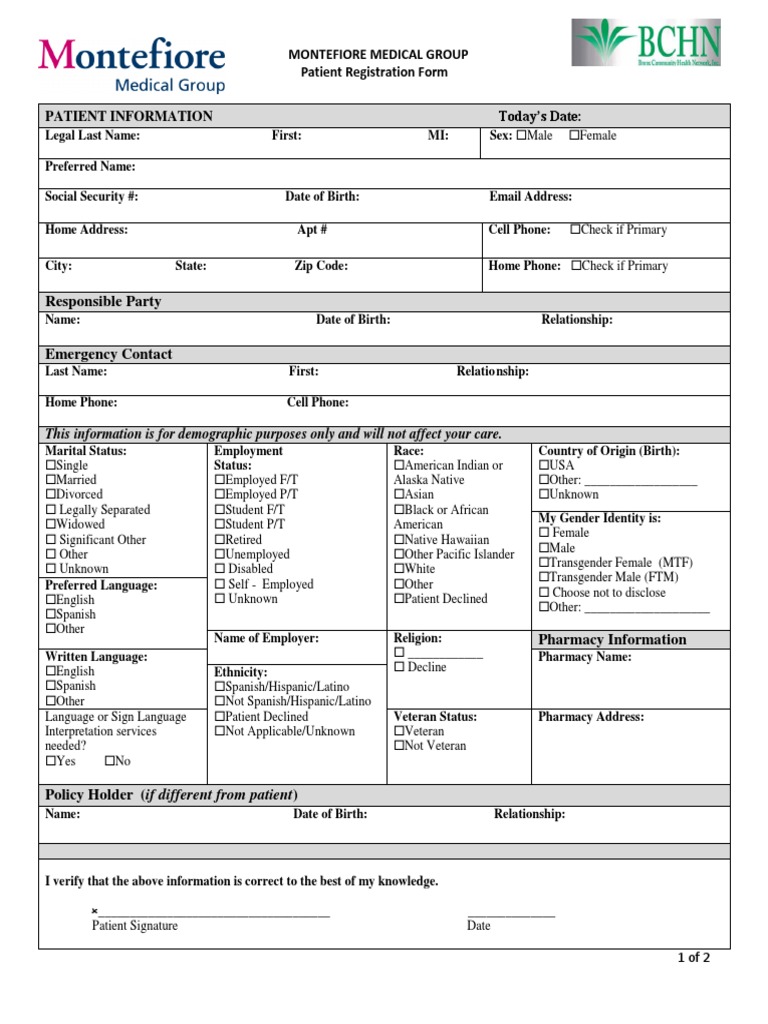 Responsible Party: Montefiore Medical Group Patient Registration Form ...