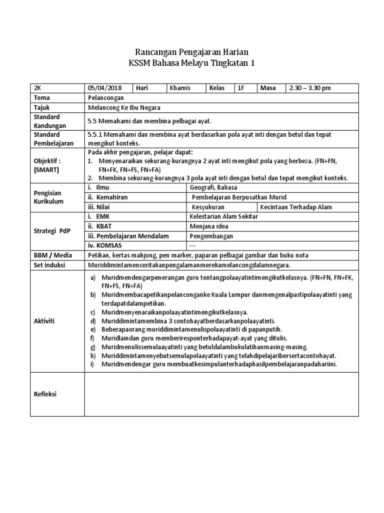 Format RPH KSSM BM T1 - Contoh | PDF | Seni & Disiplin Bahasa