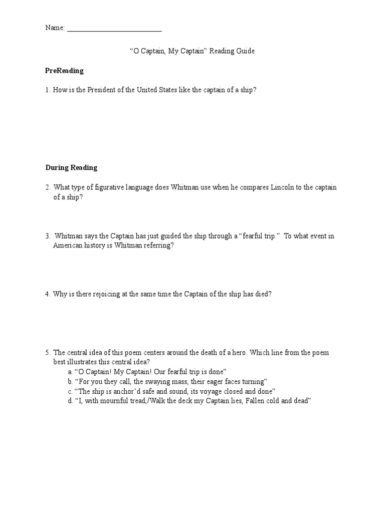 O Captain My Captain Reading Guide-0 | PDF | Poetry