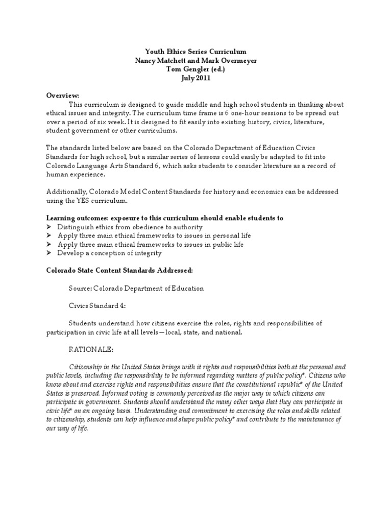 Youth Ethics Series Curriculum | PDF | Utilitarianism | Citizenship