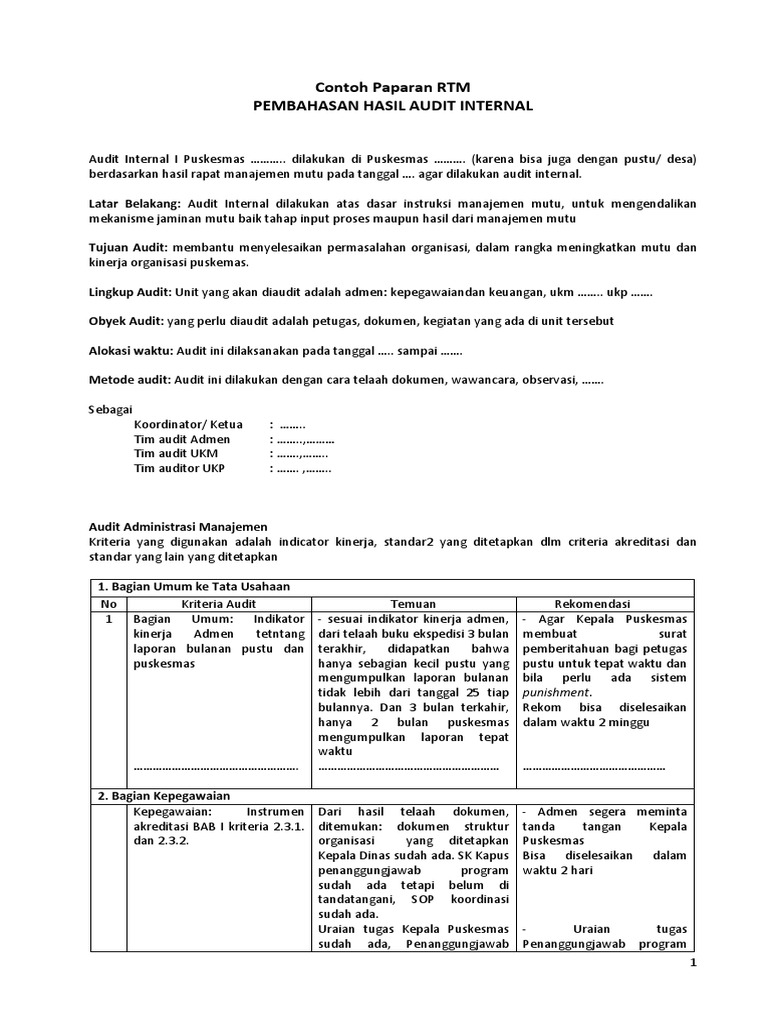 Contoh Isi Paparan RTM Audit Internal | PDF