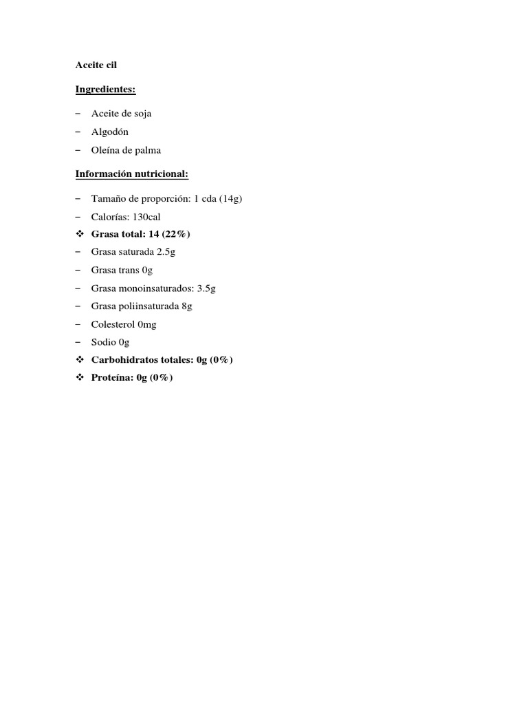 Aceite Cil Ingredientes | PDF | Aceite de cocina | Líquidos
