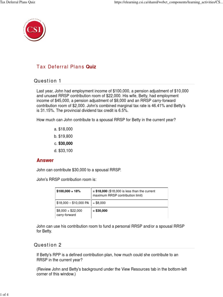Tax Deferral Plans Quiz CSI | PDF | Taxation | Personal Finance